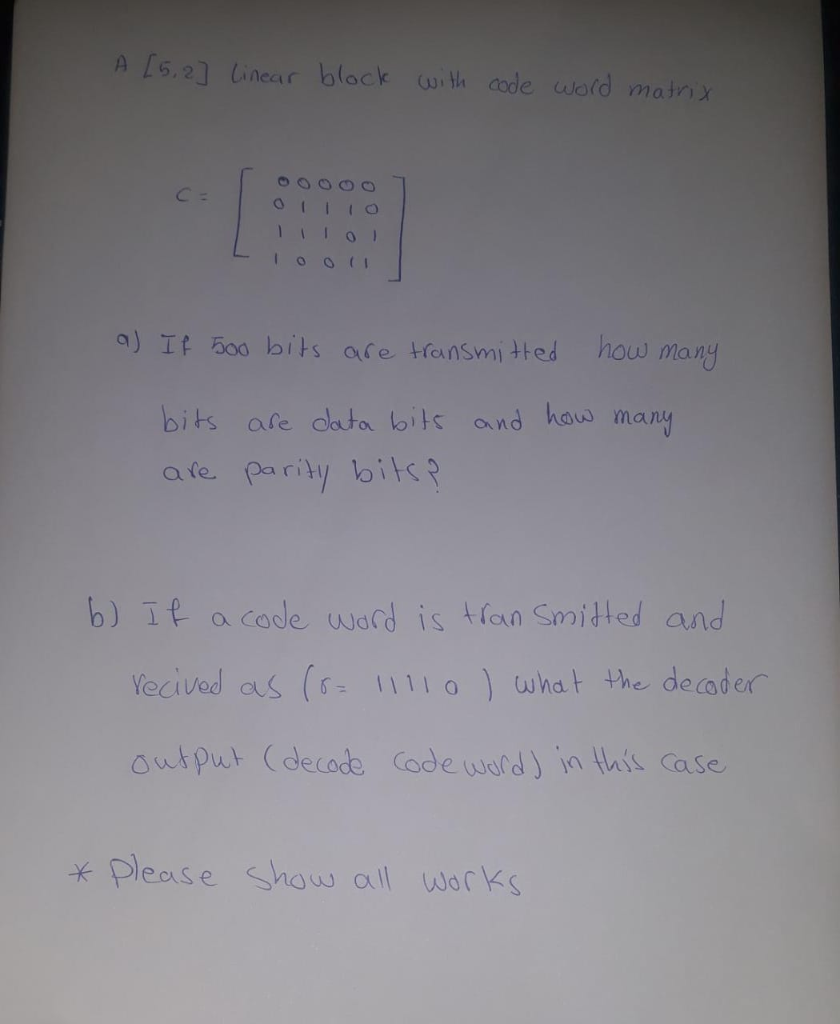 Solved A [5, 2] Linear block with code word matrix a) If 500 | Chegg.com