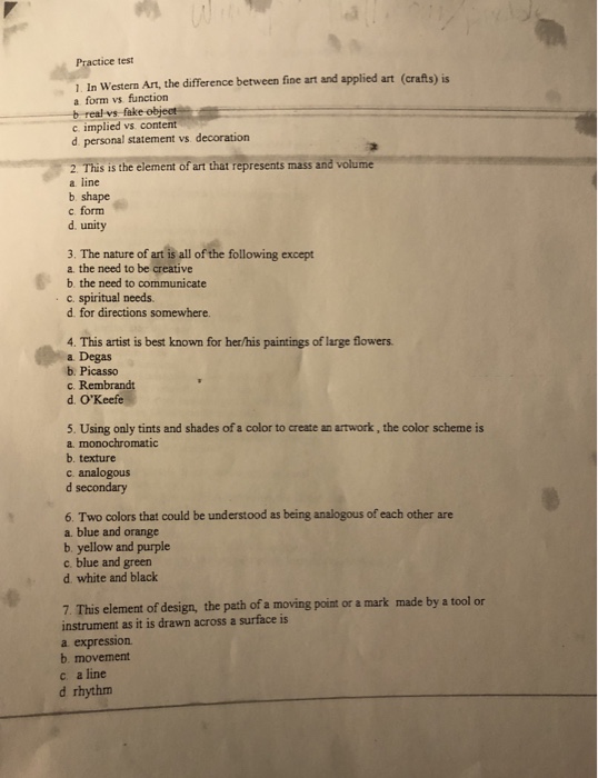 Practice Test 1 In Western Art The Difference Chegg