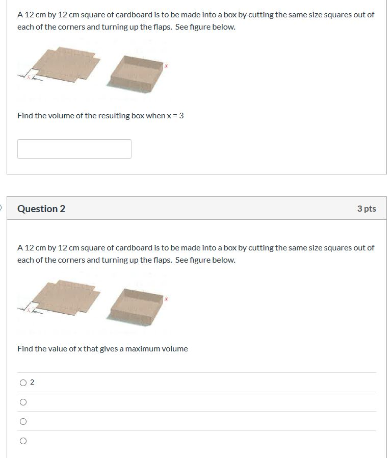 Solved A 12 cm by 12 cm square of cardboard is to be made | Chegg.com