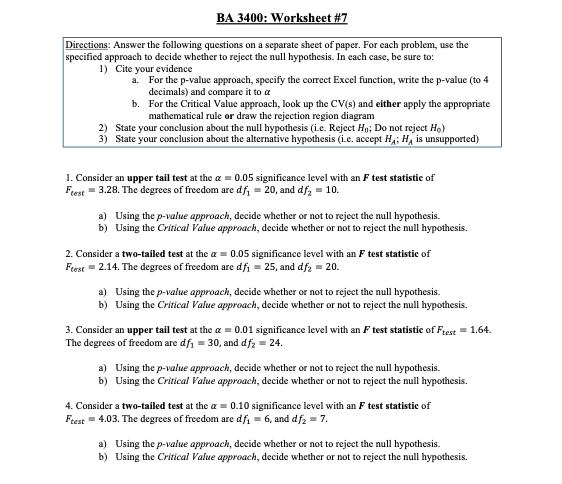 Solved BA 3400: Worksheet #7 Directions: Answer the | Chegg.com
