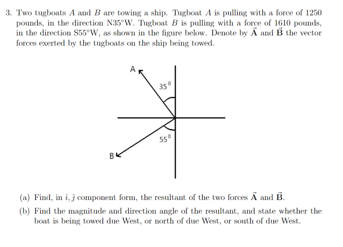 Solved 3. Two tugboats A and B are towing a ship. Tugboat A | Chegg.com