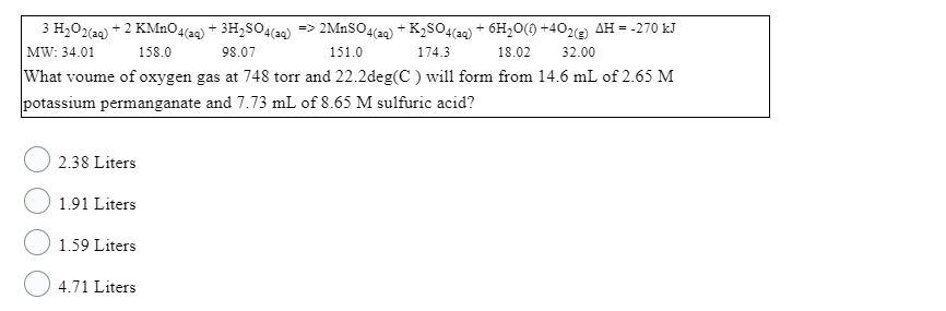 Solved 3 H2O2(aq) + 2 KMnO4(aq) + 3H2SO4(29) > 2MnSO4(aq) +K | Chegg.com