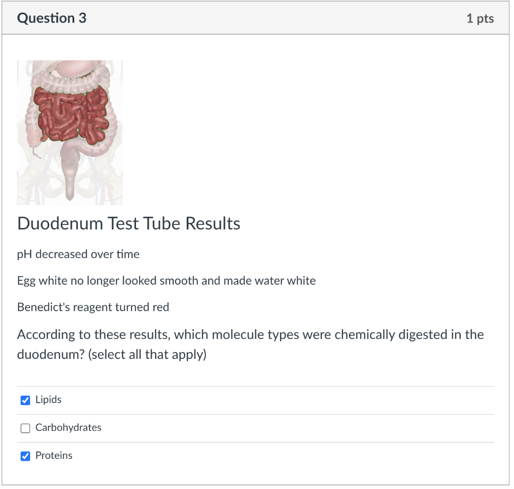 Solved Question 3 1 pts Duodenum Test Tube Results pH | Chegg.com