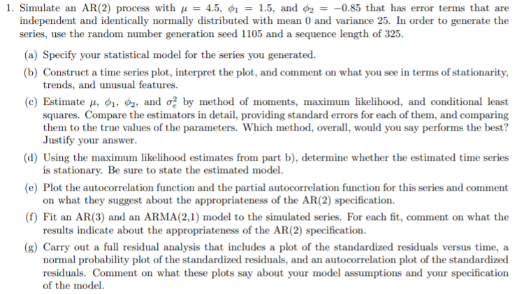 1. Simulate an AR(2) process with u = 4.5, 01 = 1.5, | Chegg.com