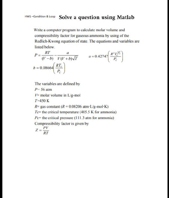 Solved HW1 -Condition & Loop Solve a question using Matlab | Chegg.com