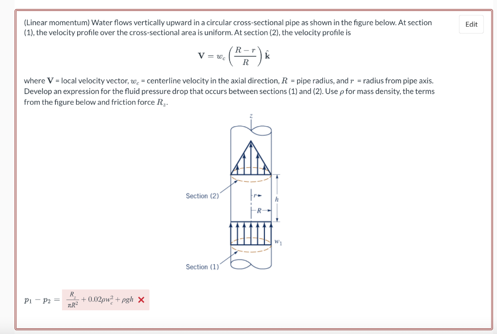 Solved Edit (Linear momentum) Water flows vertically upward | Chegg.com