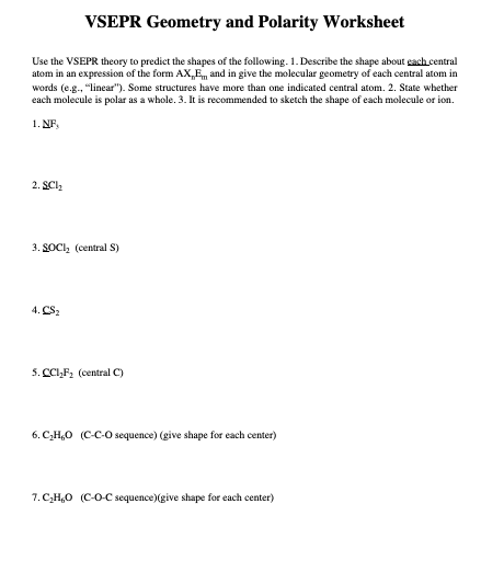 Solved VSEPR Geometry and Polarity Worksheet Use the VSEPR | Chegg.com
