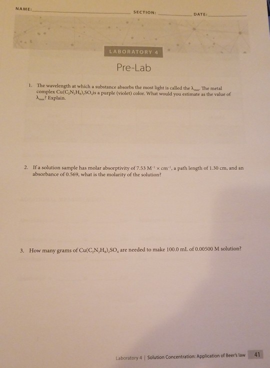 Solved NAME: SECTION DATE: LABORATORY 4 Pre-Lab 1. The | Chegg.com