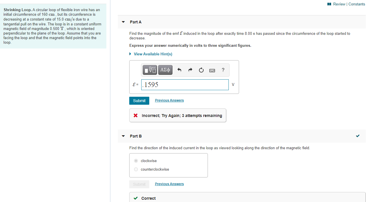 Solved Review Constants Part A Shrinking Loop. A circular | Chegg.com