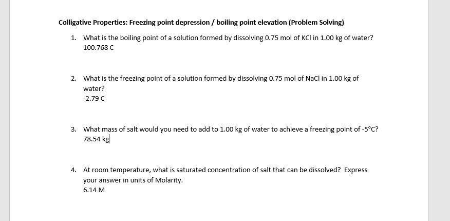 Solved Colligative Properties: Freezing point depression / | Chegg.com