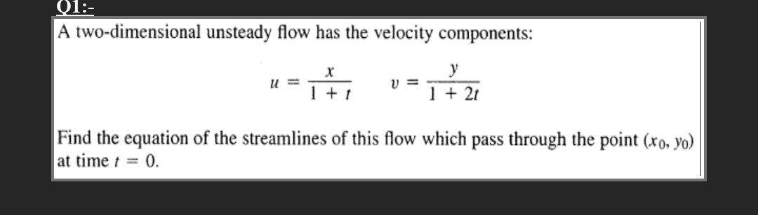 Solved 01:- A two-dimensional unsteady flow has the velocity | Chegg.com