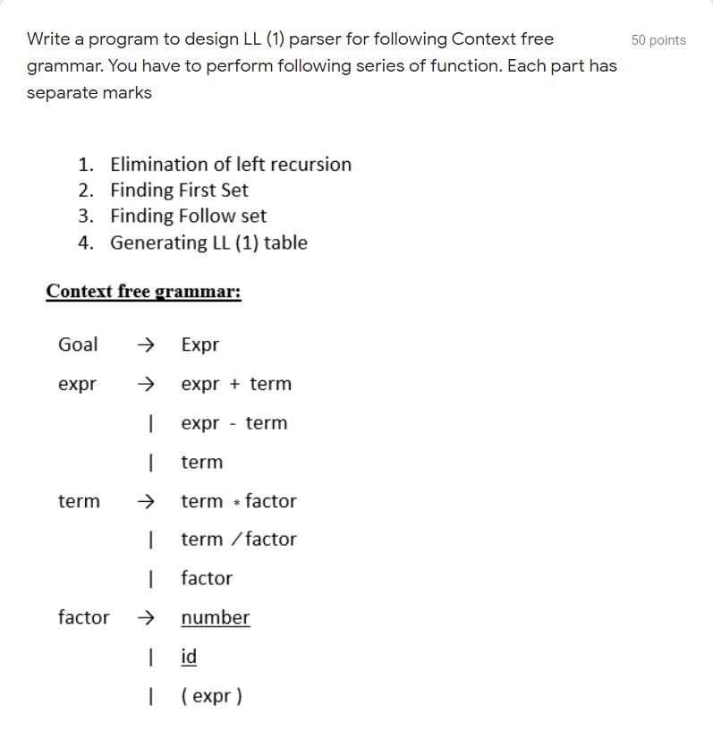 50 points Write a program to design LL (1) parser for | Chegg.com