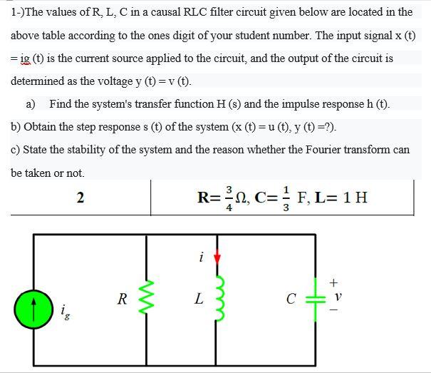 Solved 1-)The values of R, L, C in a causal RLC filter | Chegg.com