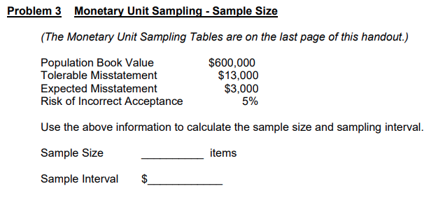 Problem 3 Monetary Unit Sampling - Sample Size (The | Chegg.com