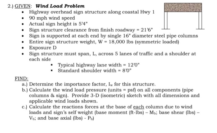 Solved 2.) GIVEN: Wind Load Problem - Highway overhead sign | Chegg.com
