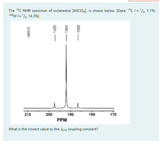 Solved The 13C NMR spectrum of octahedral [W(CO)6], is shown | Chegg.com