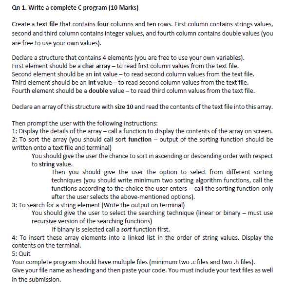 Solved Qn 1. Write a complete C program (10 Marks) Create a | Chegg.com