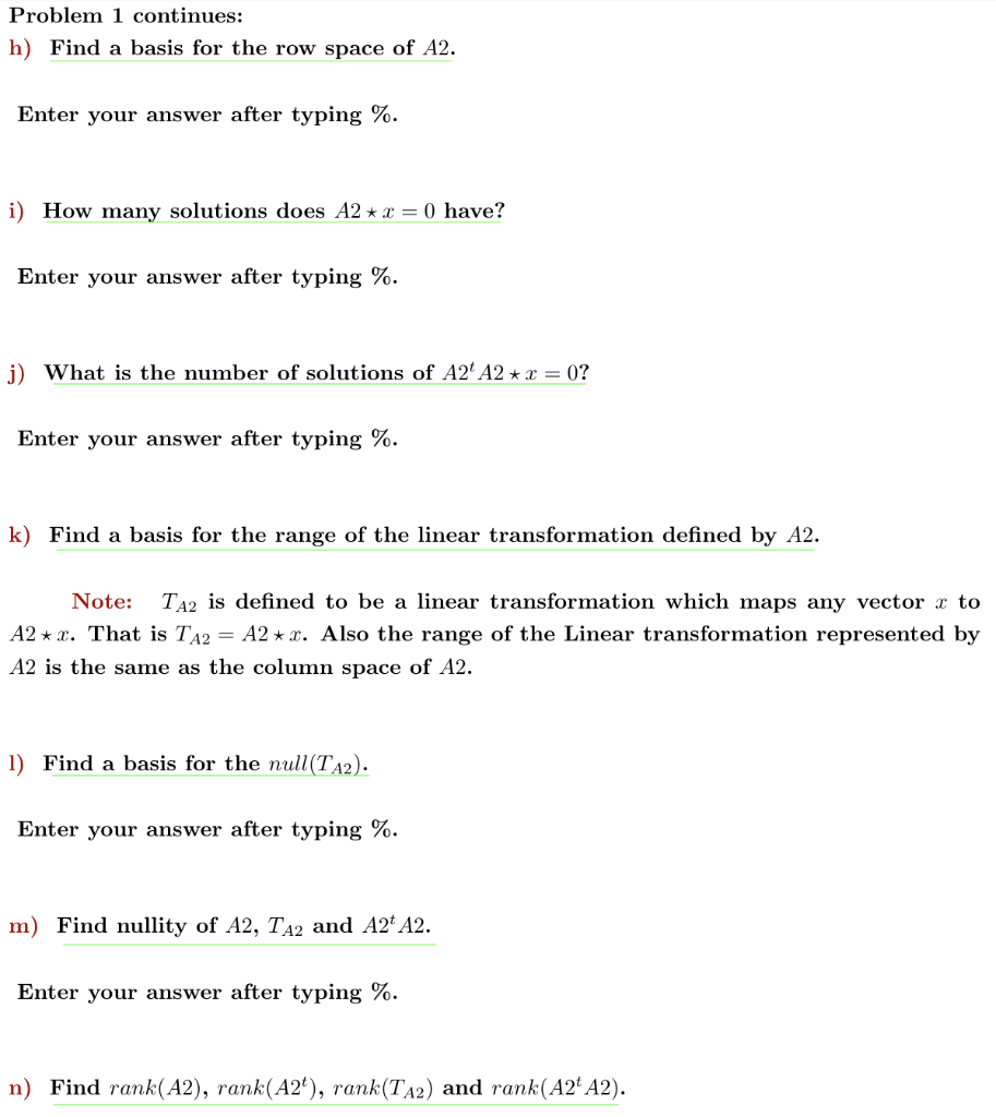 Solved Linear algebra MATLAB problems: The white | Chegg.com