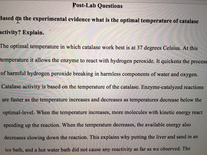 Solved The optimal temperature in which catalase work best | Chegg.com