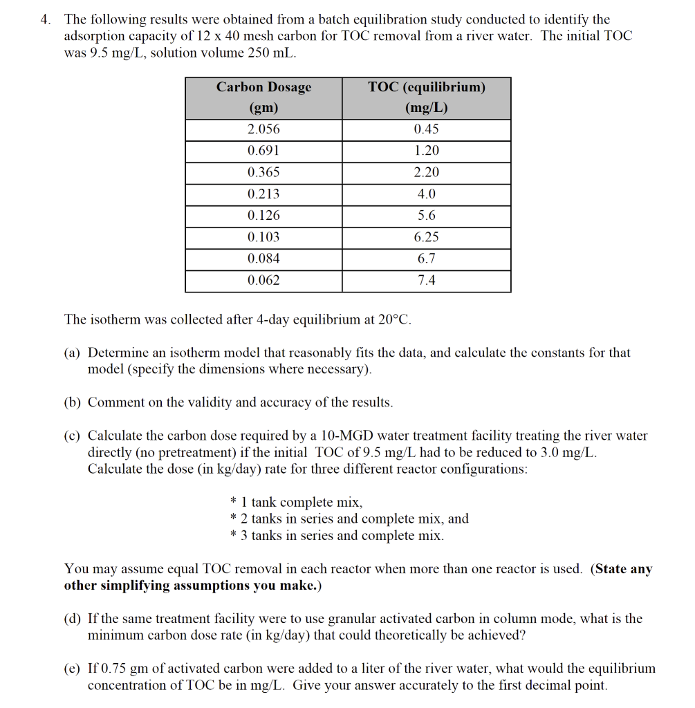 Solved 4. The following results were obtained from a batch | Chegg.com
