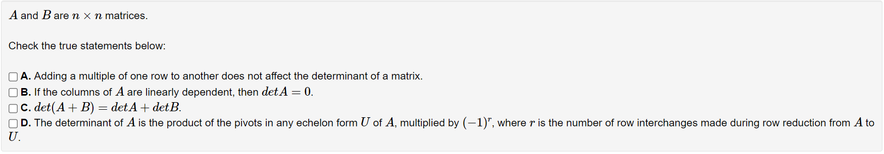 Solved A and B are n×n matrices. Check the true statements | Chegg.com