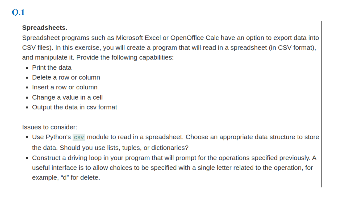Solved Q.1 Spreadsheets. Spreadsheet programs such as | Chegg.com