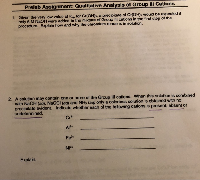 Solved Prelab Assignment: Qualitative Analysis of Group IIl | Chegg.com