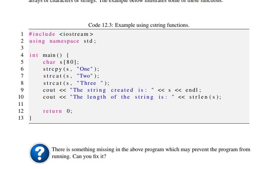 Solved sumgs. in D Code 12.3: Example using cstring | Chegg.com