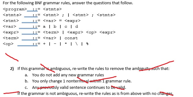 Solved For the following BNF grammar rules, answer the | Chegg.com