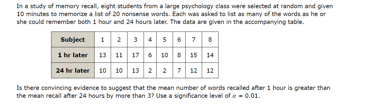 Solved In a study of memory recall, eight students from a | Chegg.com