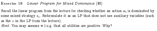 Solved Exercise 10 Linear Program for Mixed Dominance (H) | Chegg.com