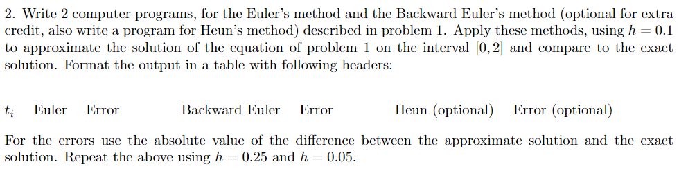 Solved 2. Write 2 computer programs, for the Euler's method | Chegg.com