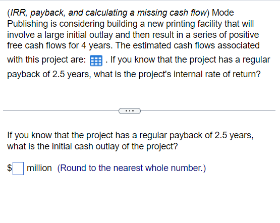 Solved (IRR, ﻿payback, and calculating a missing cash flow) | Chegg.com