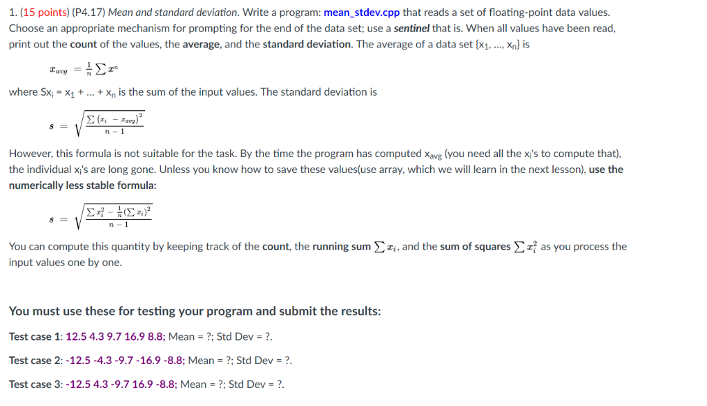 Solved 1. (15 point)(P4.17) Mean and standard deviation. | Chegg.com