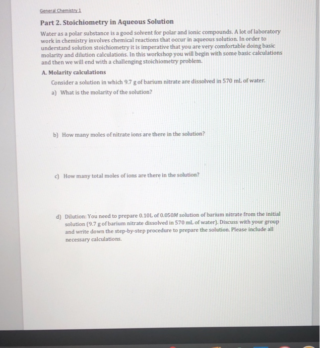 Solved Part 2. Stoichiometry in Aqueous Solution Water as a | Chegg.com