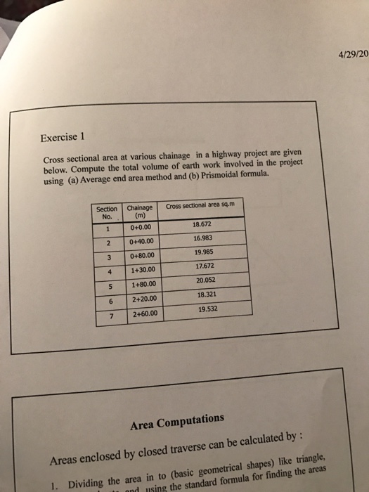 Solved Cross sectional area at various chainage in a highway | Chegg.com