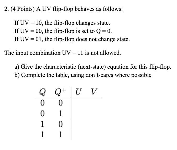 Solved 2. (4 Points) A UV flip-flop behaves as follows: If | Chegg.com