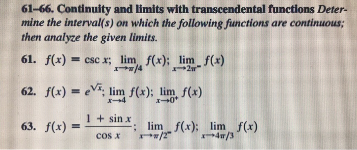 Solved 61-66. Continuity and limits with transcendental | Chegg.com