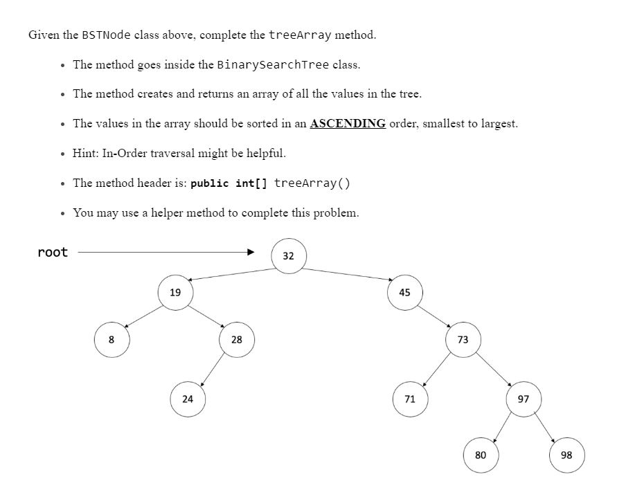 Solved Given the BSTNode class above, complete the treeArray | Chegg.com