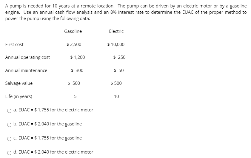 Solved A pump is needed for 10 years at a remote location. | Chegg.com