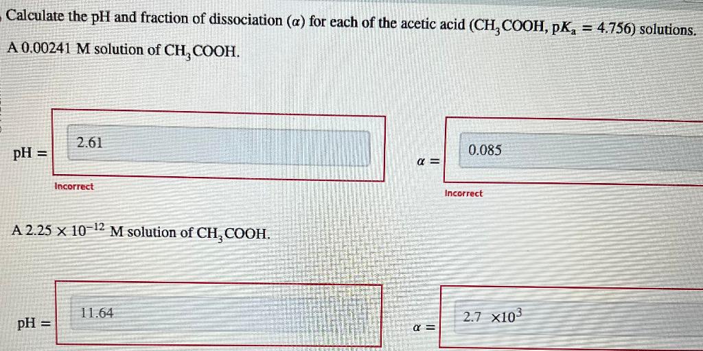 Solved Calculate the pH and fraction of dissociation (α) for | Chegg.com