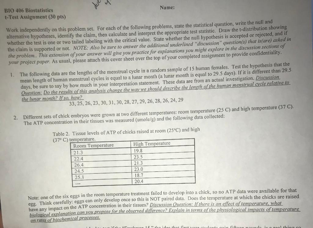 Solved t-Test Assignment ( 30 pts) Work independently on | Chegg.com
