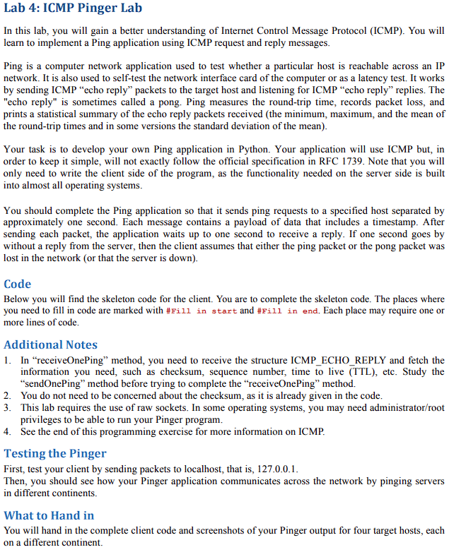 Solved Lab 4: ICMP Pinger Lab In this lab, you will gain a | Chegg.com