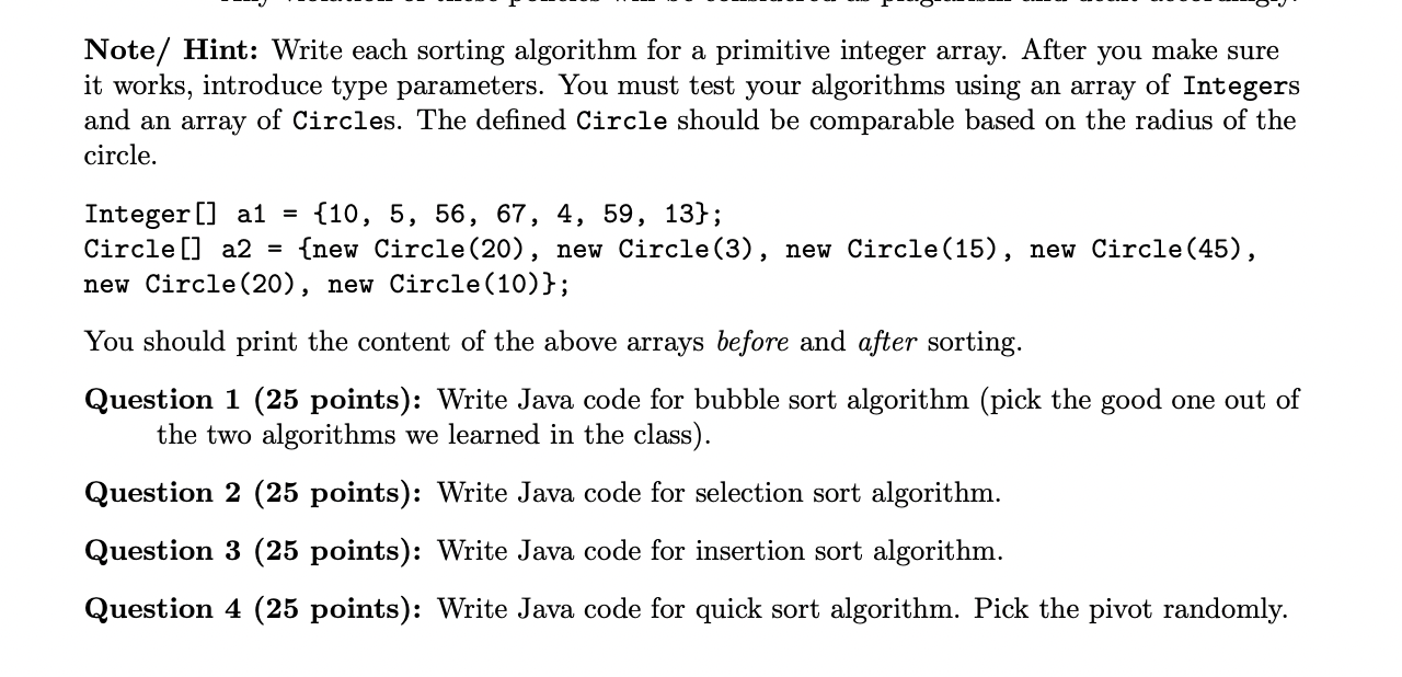 Solved Note Hint Write Each Sorting Algorithm For A