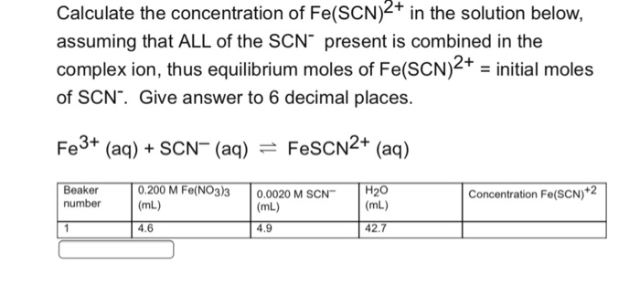 Solved Calculate the concentration of Fe(SCN)^2+ in the | Chegg.com