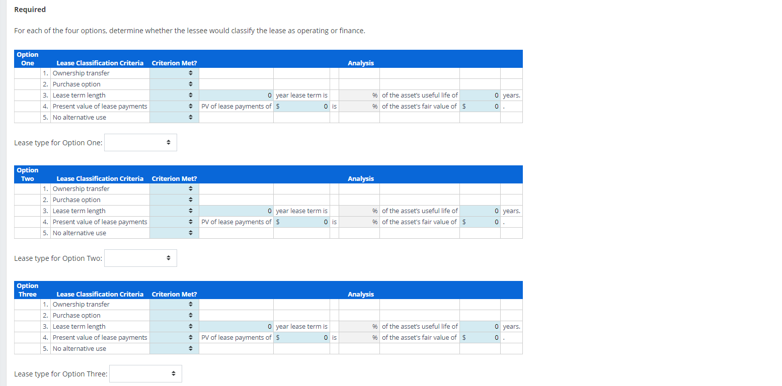 Solved Classifying Leases For each of the four options, | Chegg.com Solved Classifying Leases For each of the four options, | Chegg.com
