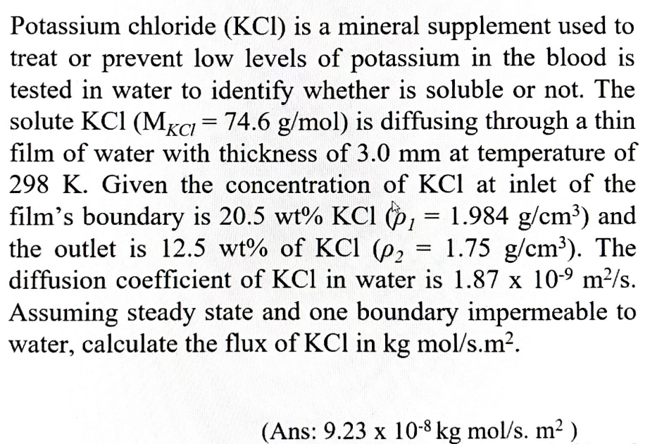 Solved Potassium chloride (KCl) is a mineral supplement used | Chegg.com