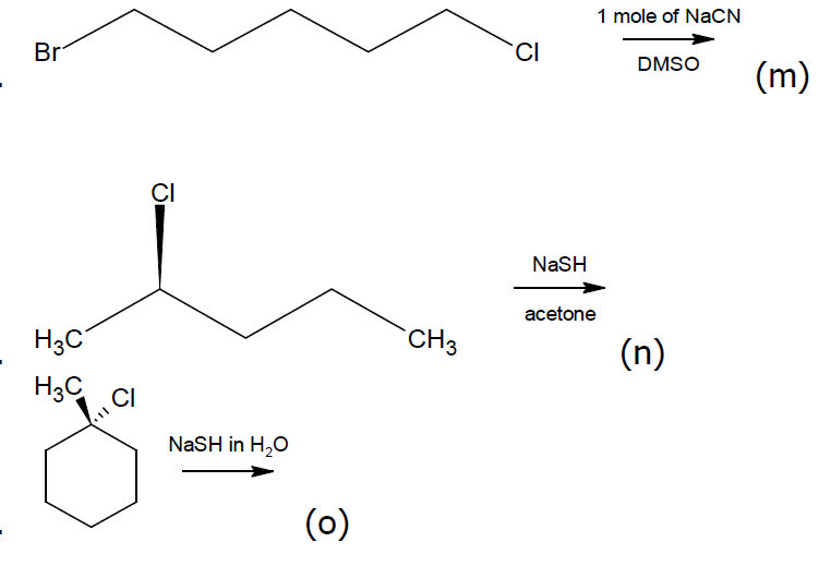 Solved 1 mole of NaCN Br CI DMSO (m) CI NaSH acetone CH3 H3C | Chegg.com