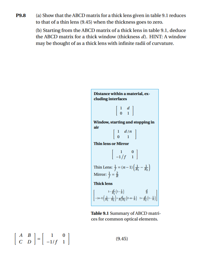 Solved P9.8 (a) Show that the ABCD matrix for a thick lens | Chegg.com