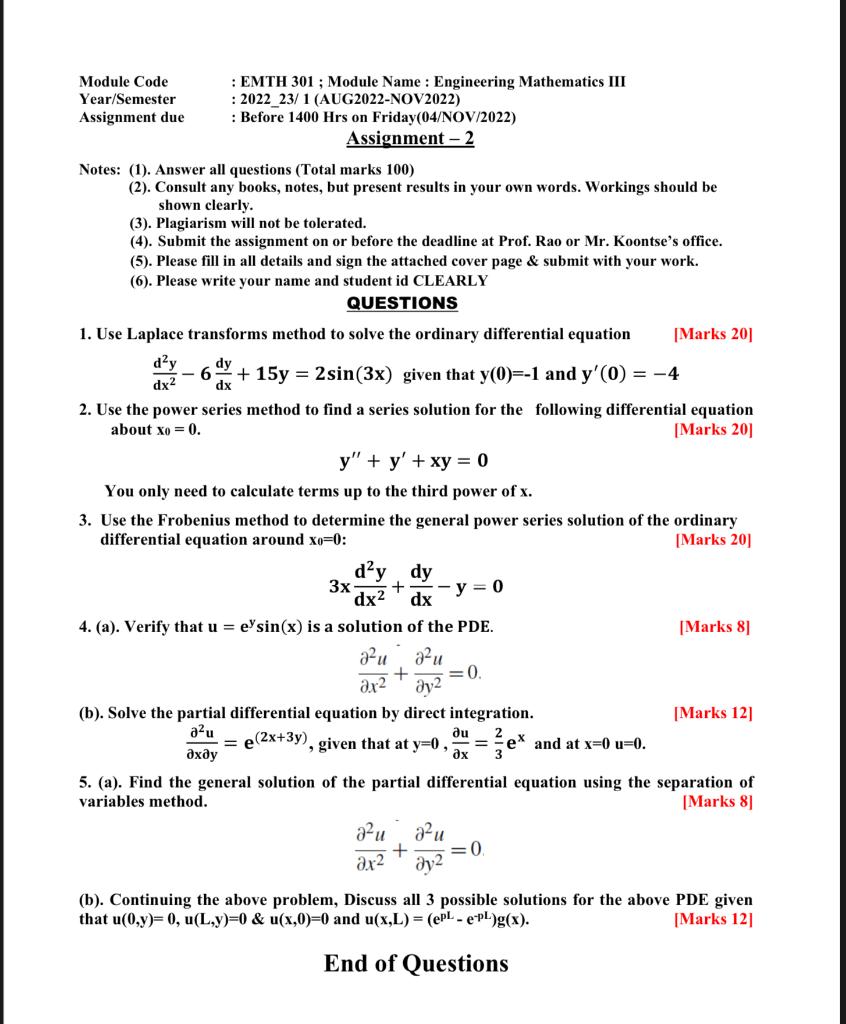 Module Code Year/Semester Assignment due : EMTH 301 | Chegg.com